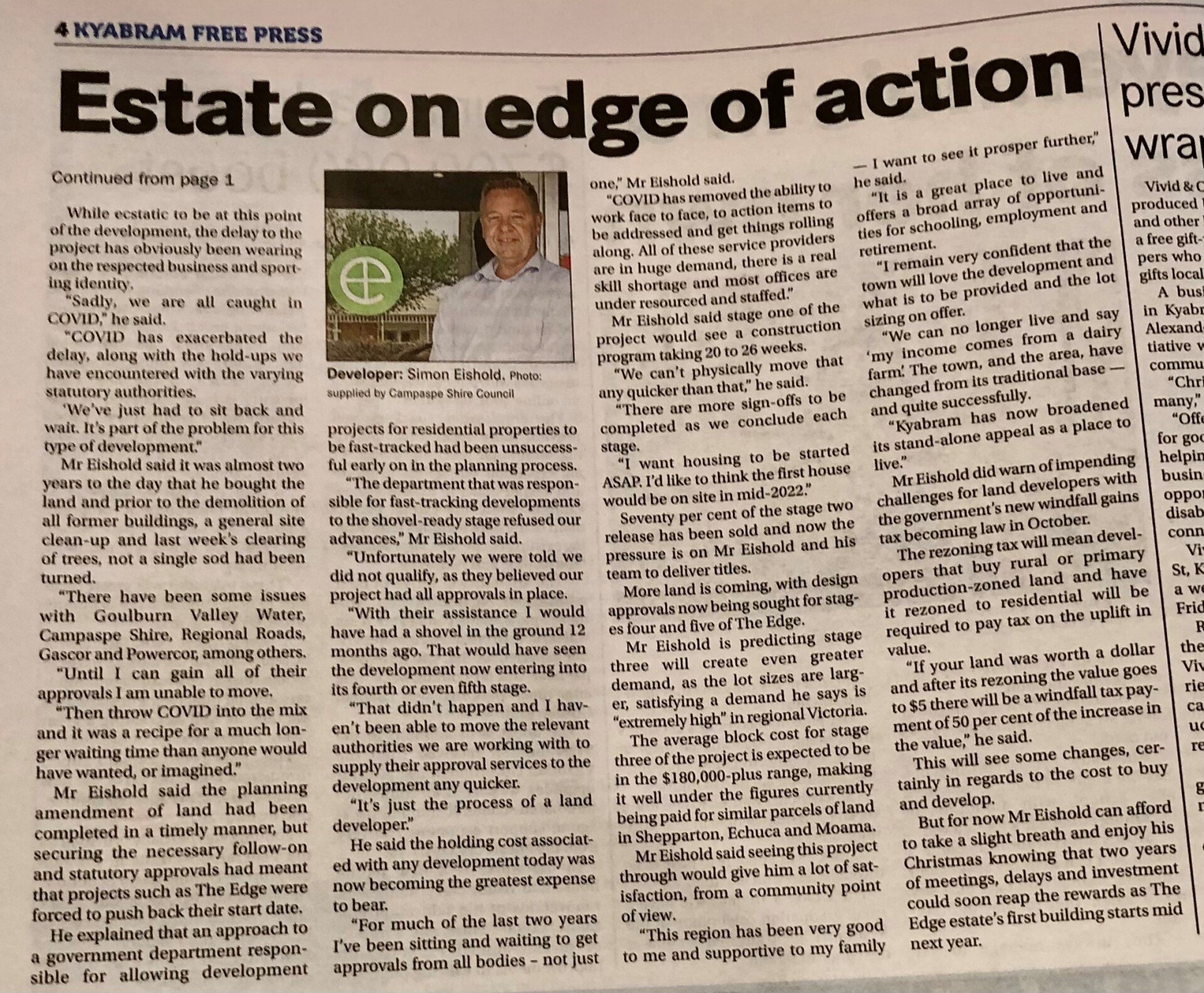 Newspaper Article - Kyabram Free Press - 08 December 2021