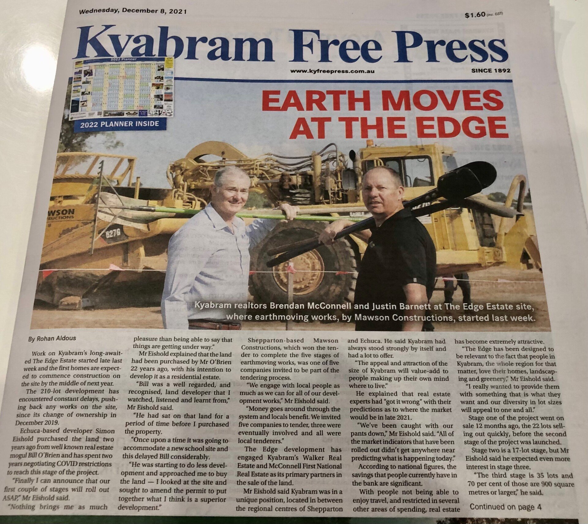 Newspaper Article - Kyabram Free Press - 08 December 2021