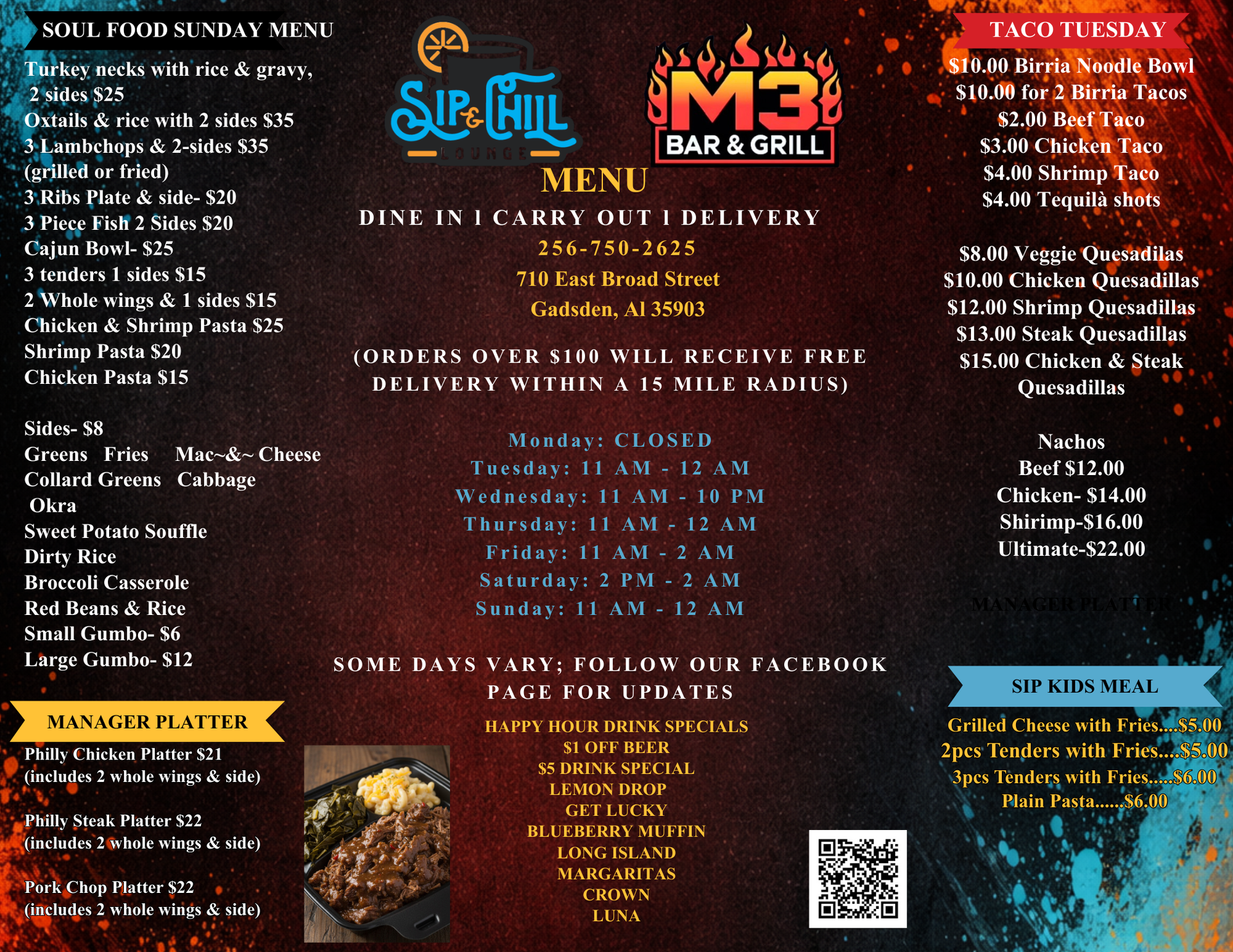 Menu | M3 Bar & Grill and Sip N Chill