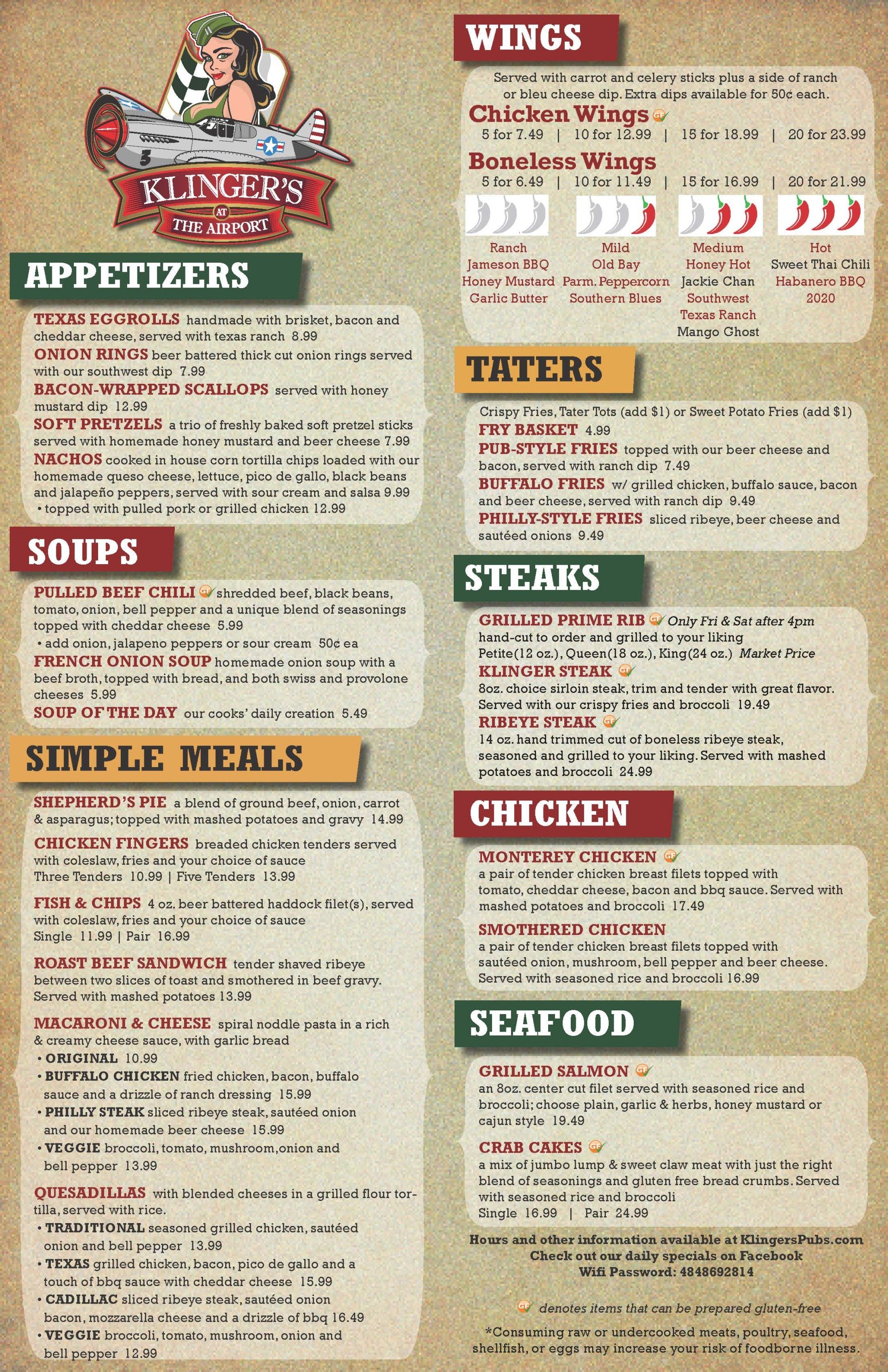 Klinger's at the Airport Menu