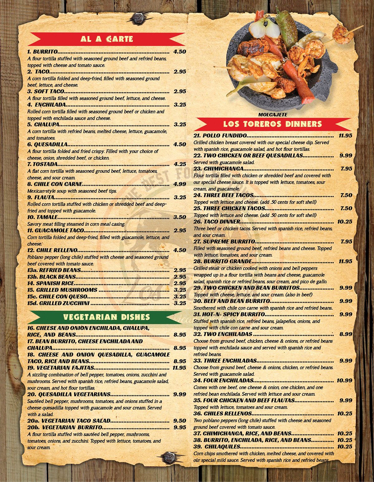 Mexican Food Prattville, AL - Los Toreros Menu