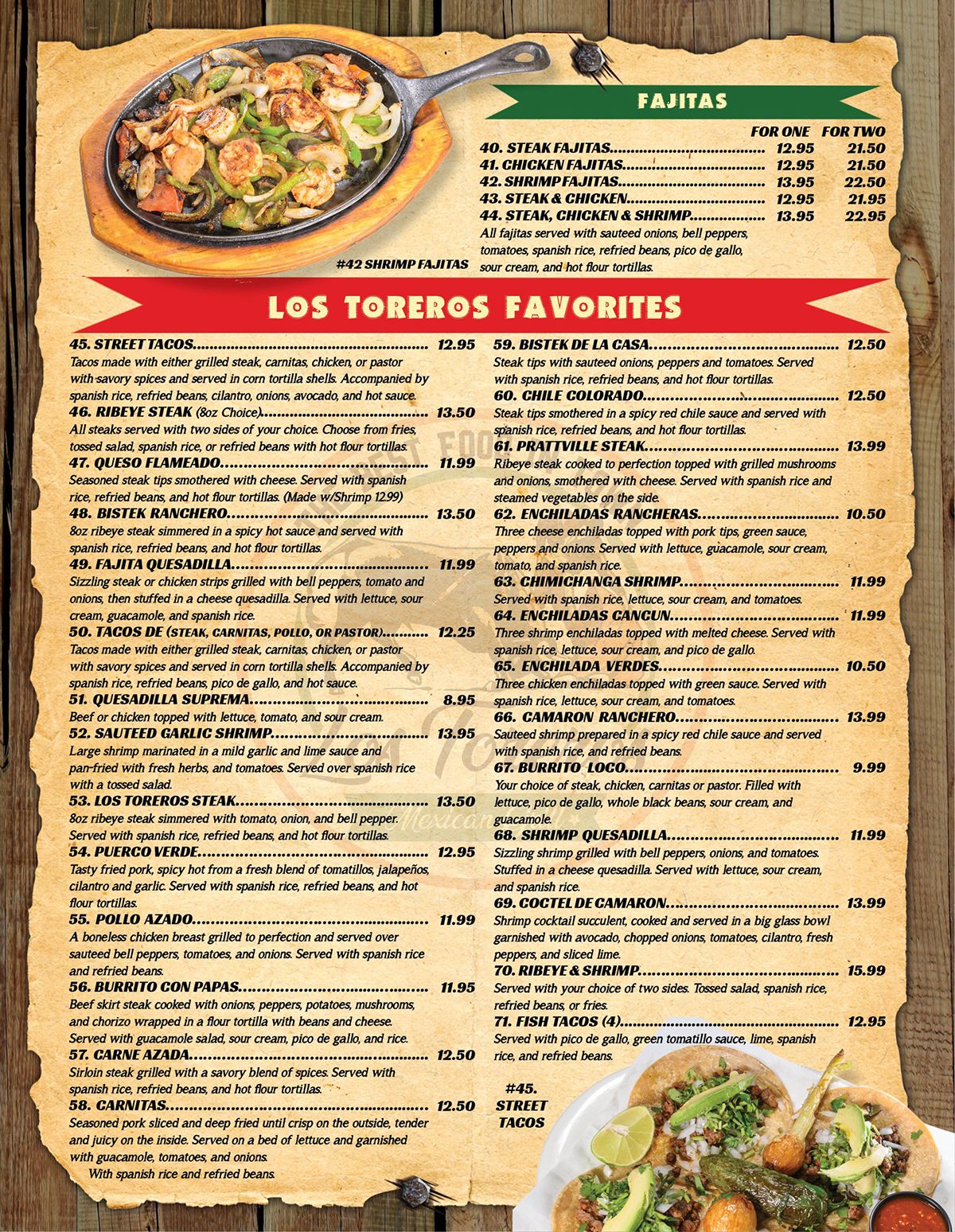 Mexican Food Prattville, AL - Los Toreros Menu