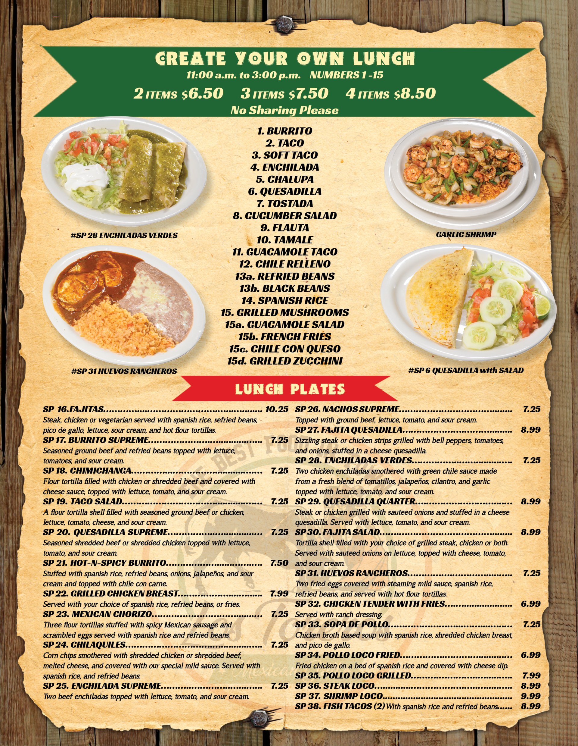 Mexican Food Prattville, AL - Los Toreros Mexican Restaurant Menu