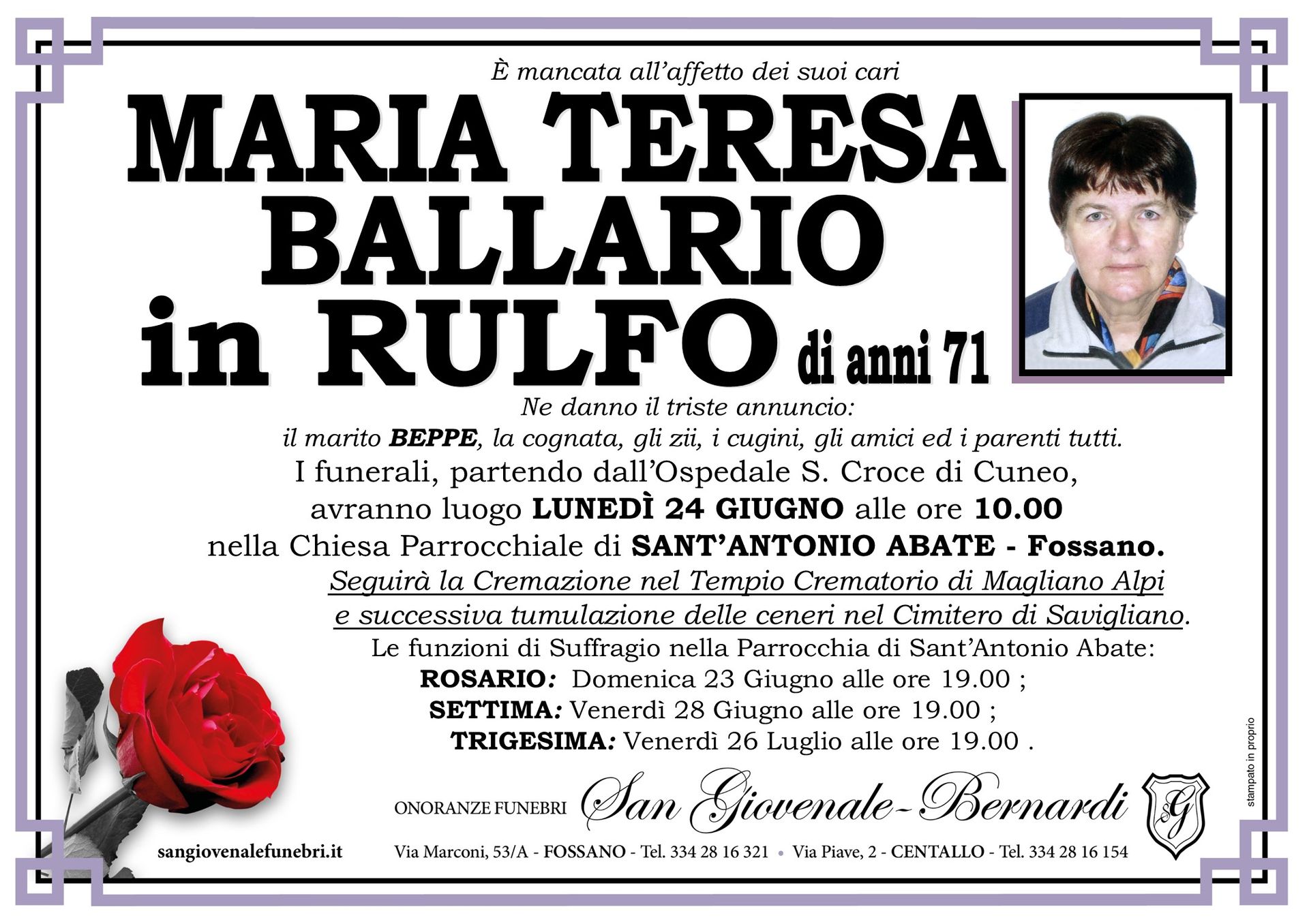 Necrologi a Centallo e Fossano | Onoranze San Giovenale