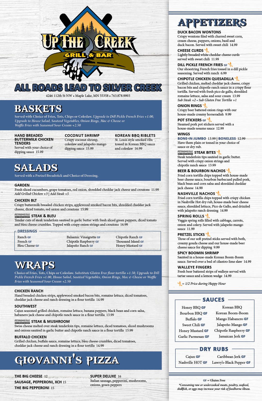 Local Restaurant Menu | Up the Creek Bar and Grill | Silver Creek, MN