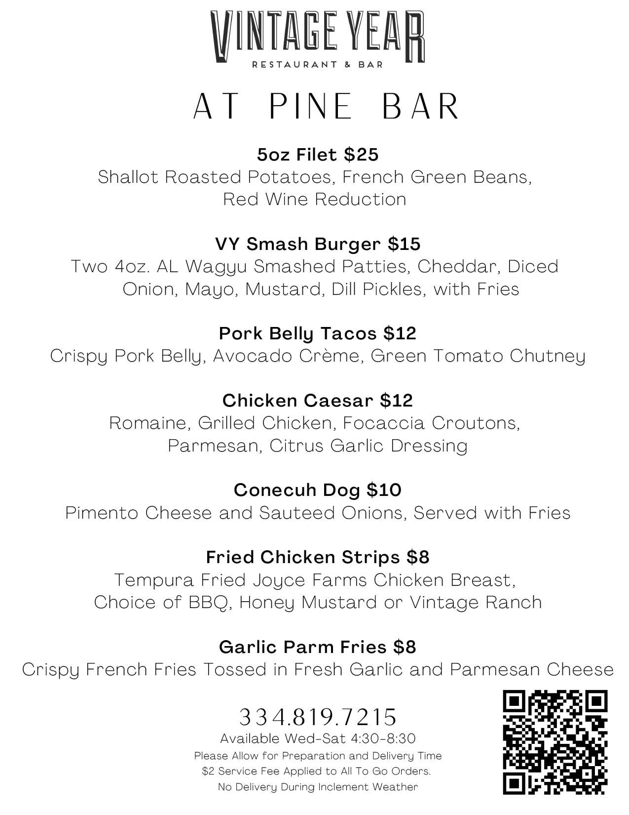 Vintage Year at Pine Bar Menu