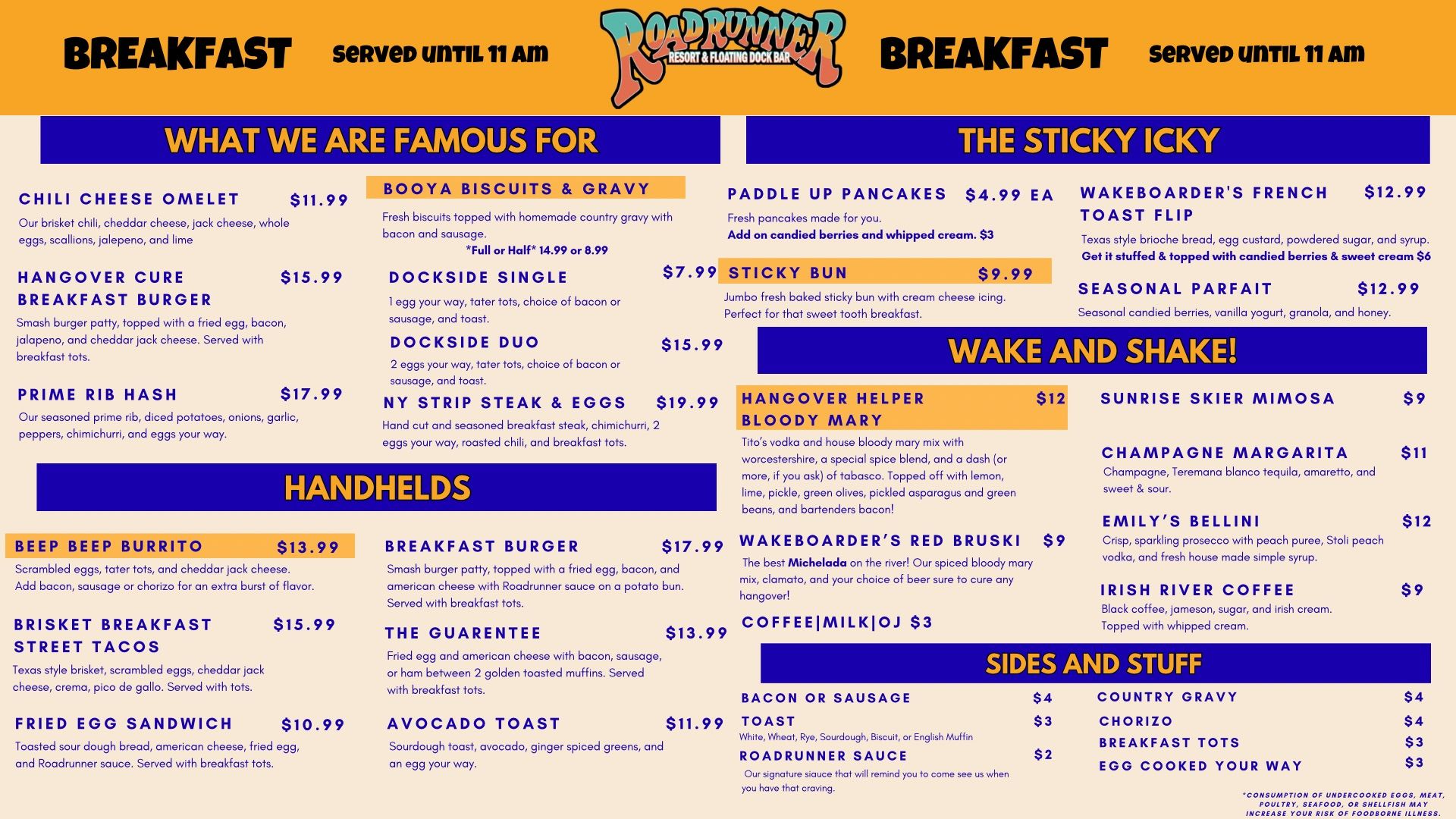 Menu | Roadrunner Resort & Floating Dock Bar | Parker, AZ