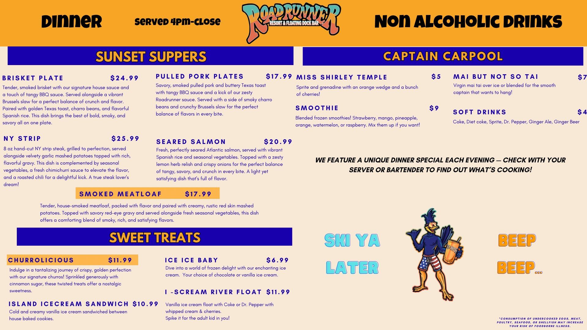 Menu | Roadrunner Resort & Floating Dock Bar | Parker, AZ