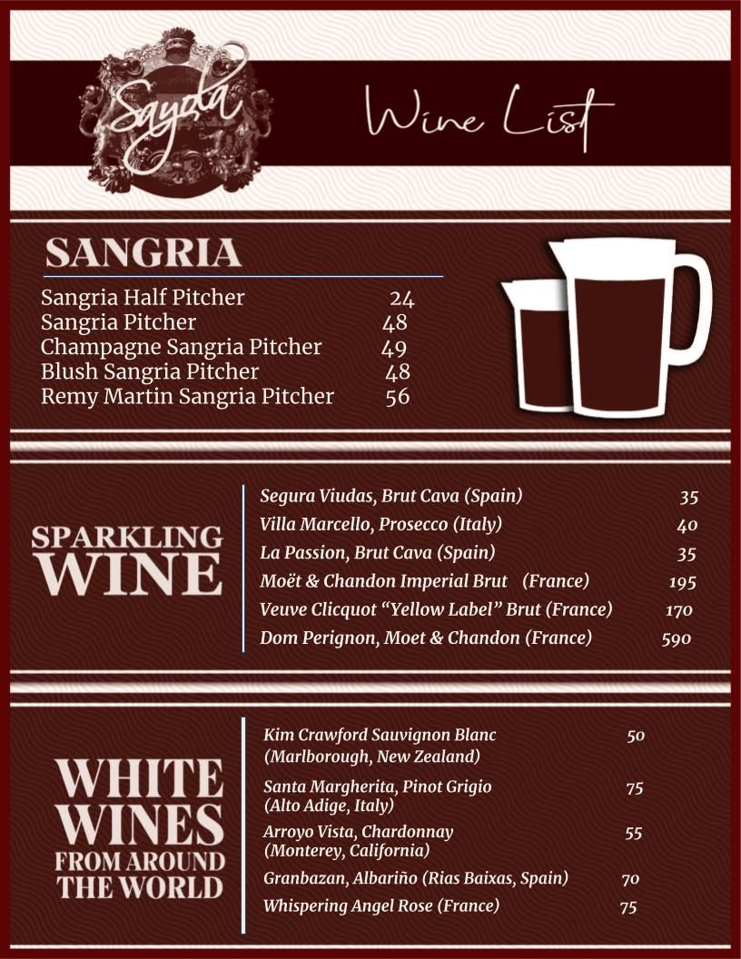 Wine List | Sayola Retaurant | New Jersey