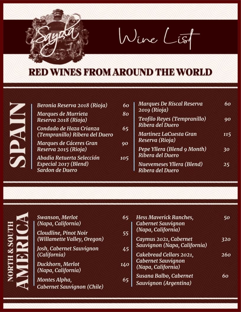 Wine List | Sayola Retaurant | New Jersey