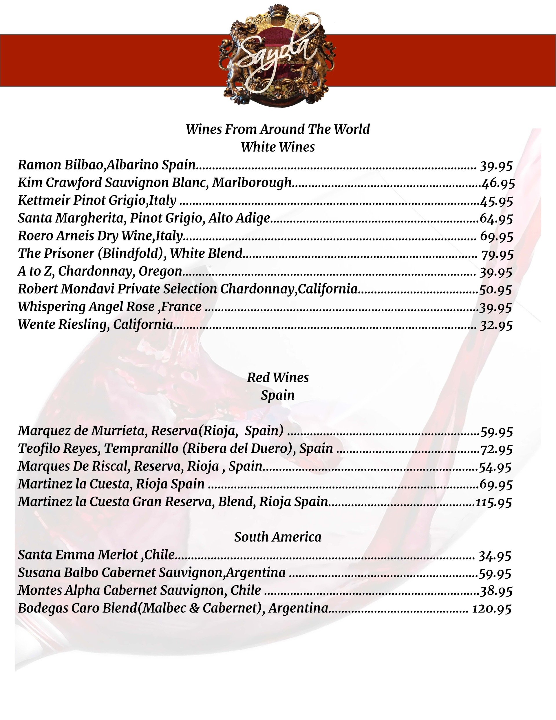 Wine List | Sayola Retaurant | New Jersey