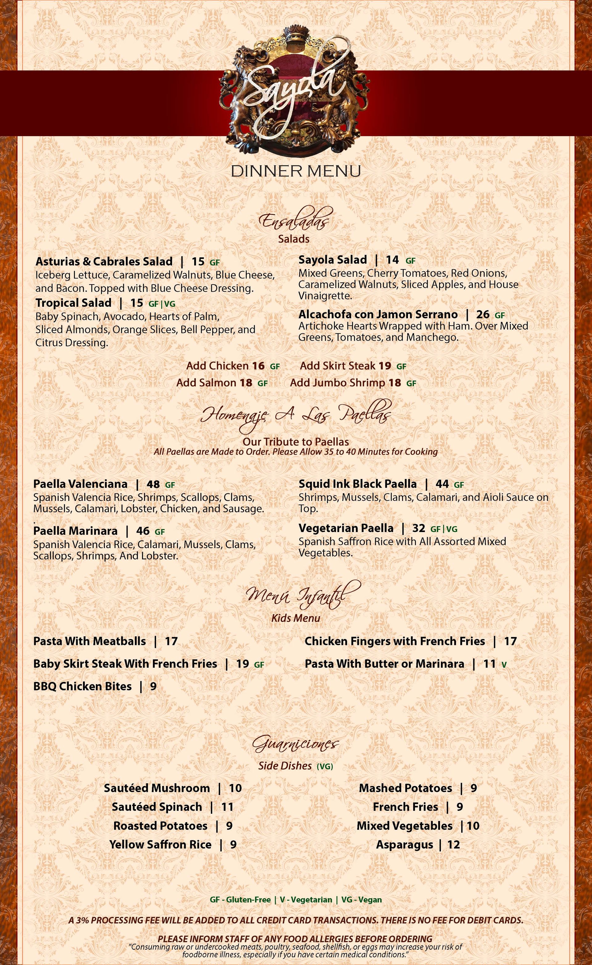 Dinner Menu | Sayola Retaurant | New Jersey