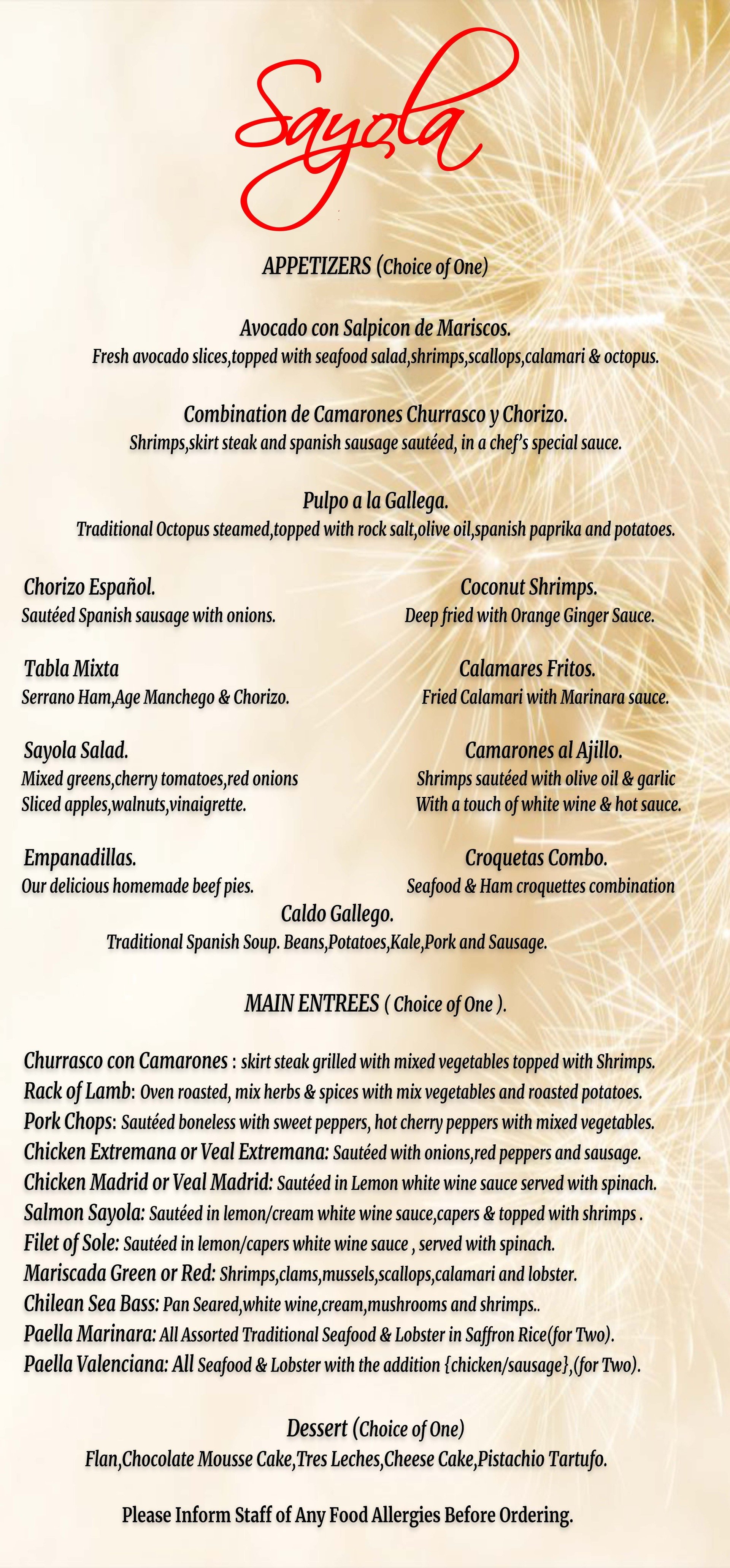 Flamenco Show Menu | Sayola Retaurant | New Jersey