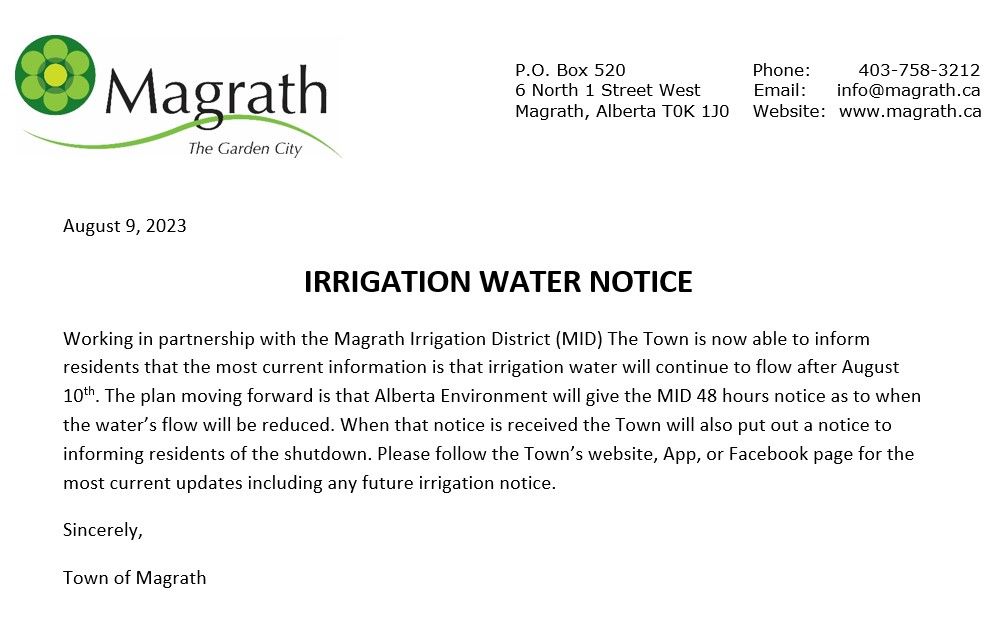 Irrigation Water Notice Updated