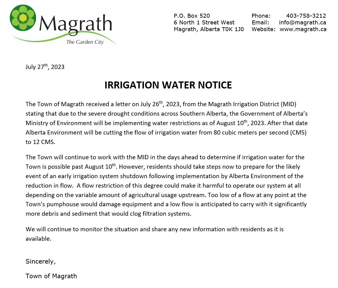 Irrigation Water Notice Updated