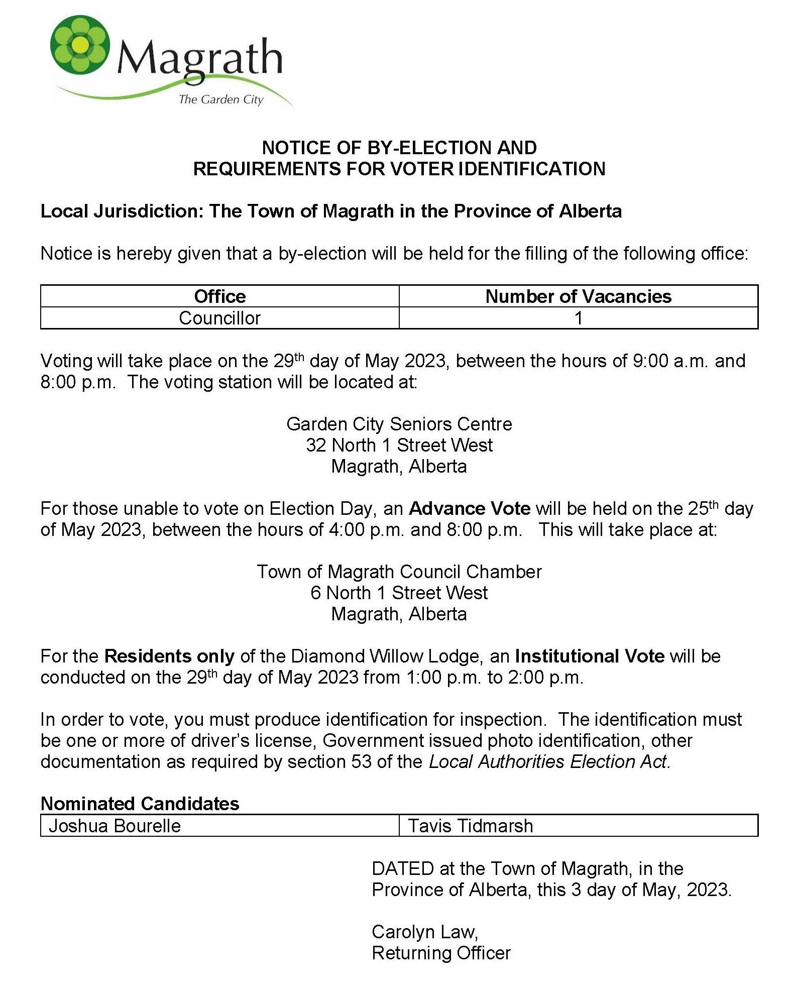 Notice of By-Election and Requirements for Voter Identification