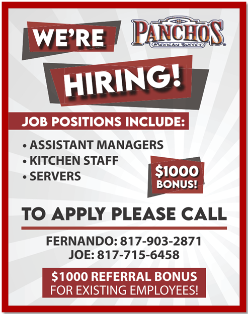 Hiring bonus! $1000! Line cooks, servers, assistant managers