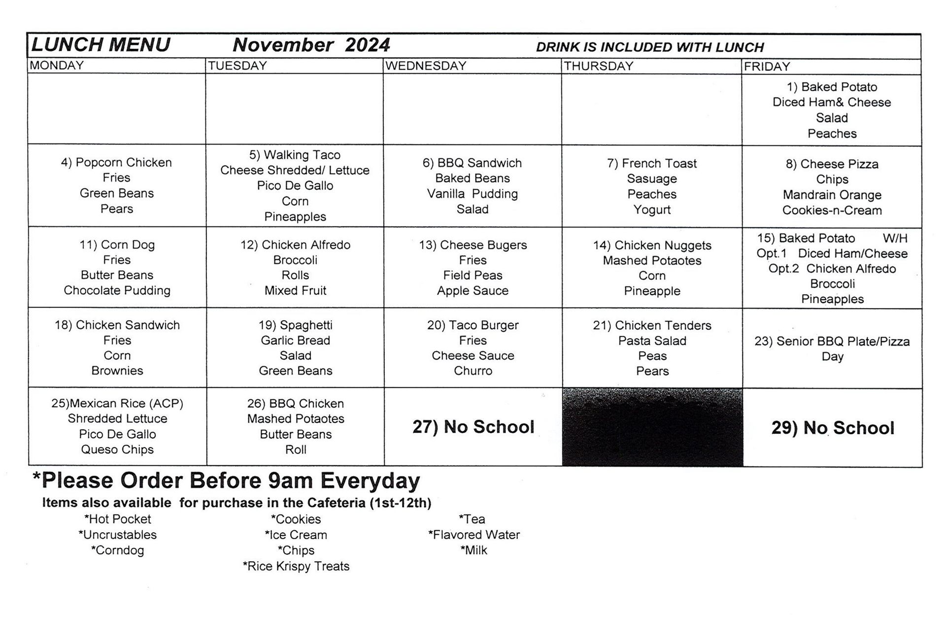 Emmanuel Christian School Lunch Menu