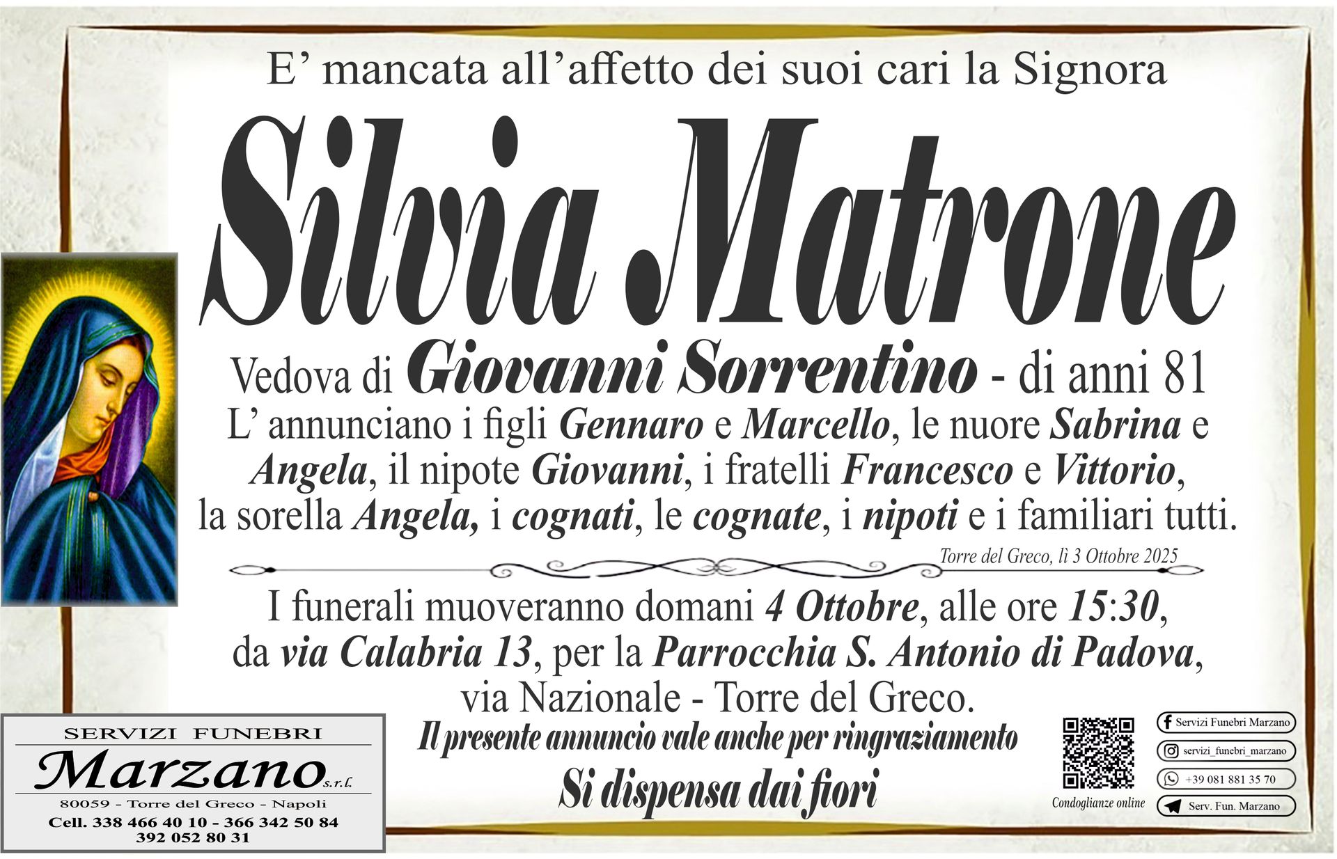 Necrologio Silvia Matrone - ved. Sorrentino