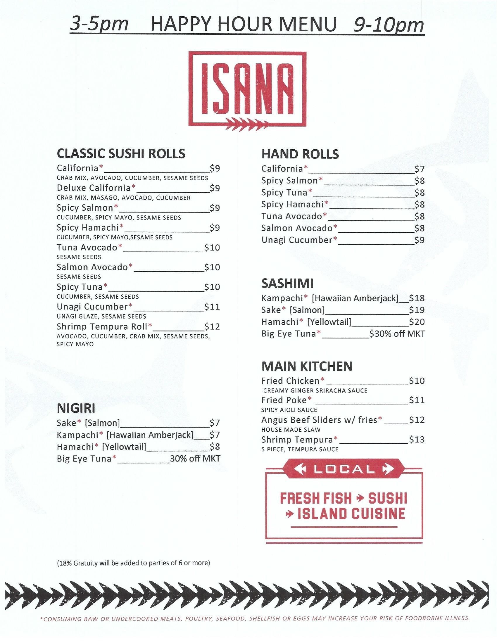 Happy Hour Menu | Kihei, HI | Isana Restaurant