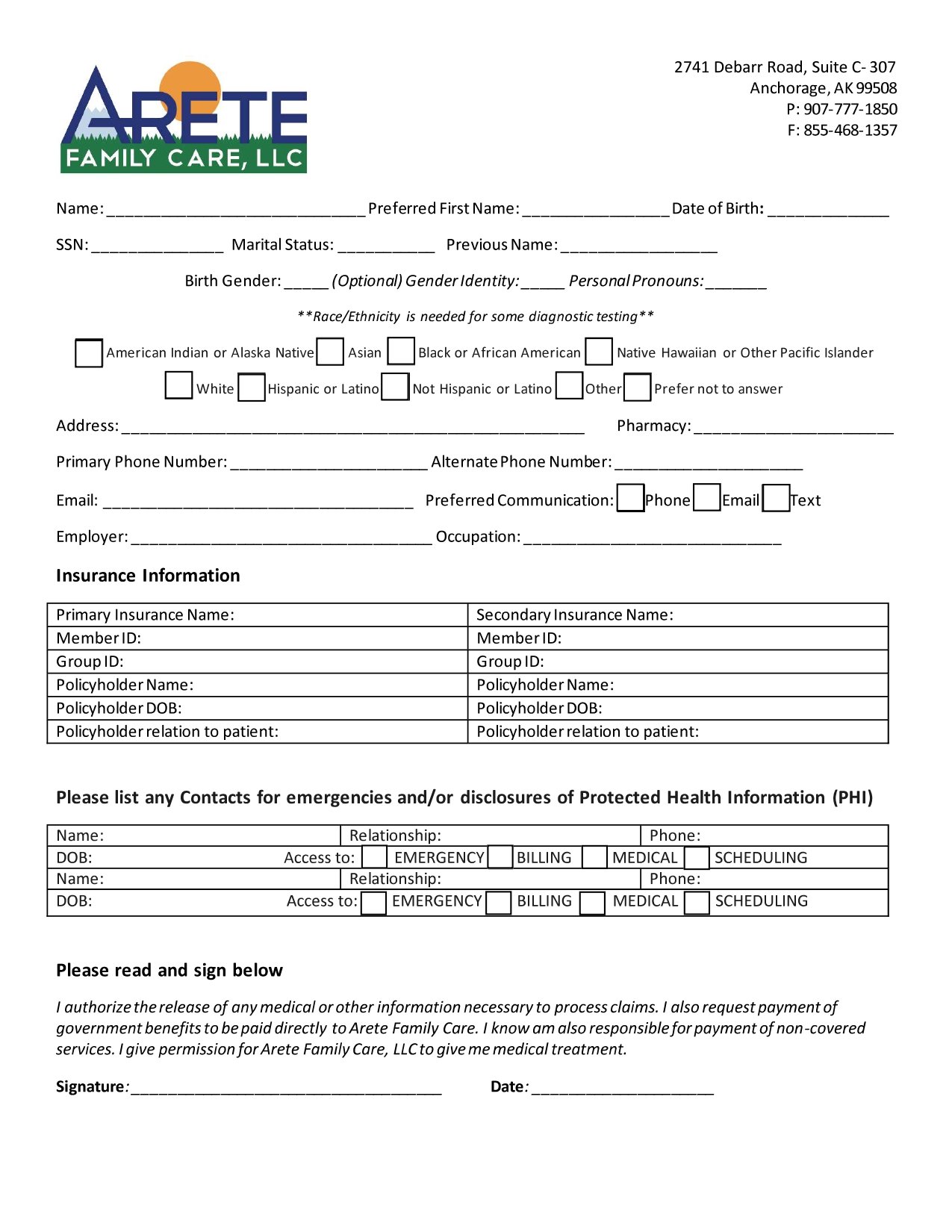 Patient Forms | Anchorage, AK | Arete Family Care