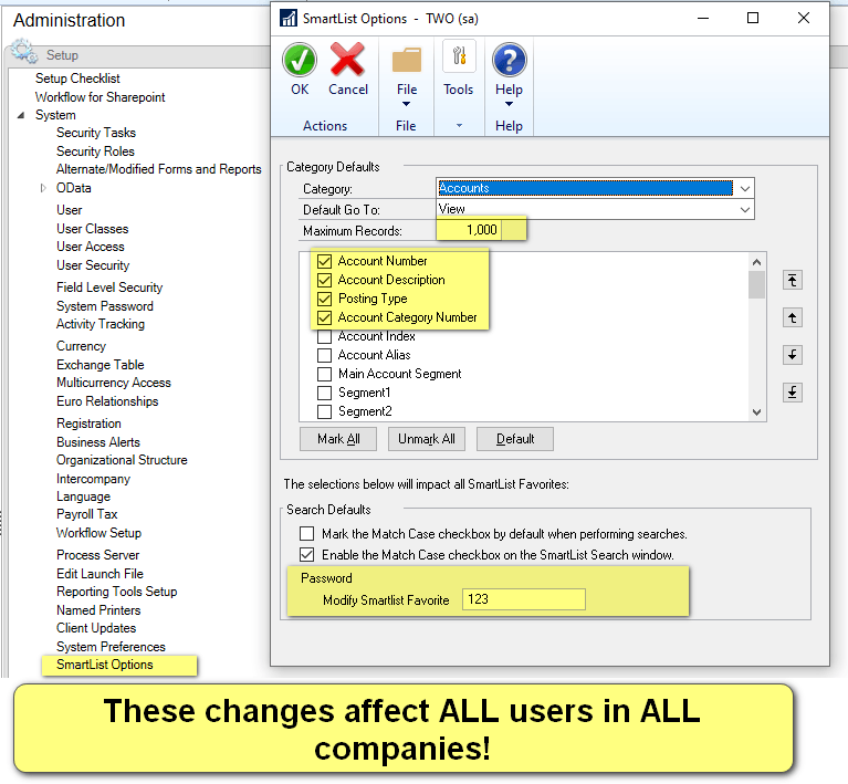 Dynamics GP SmartList – System Preferences and SmartList Options
