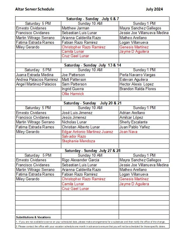 Altar Server Schedule