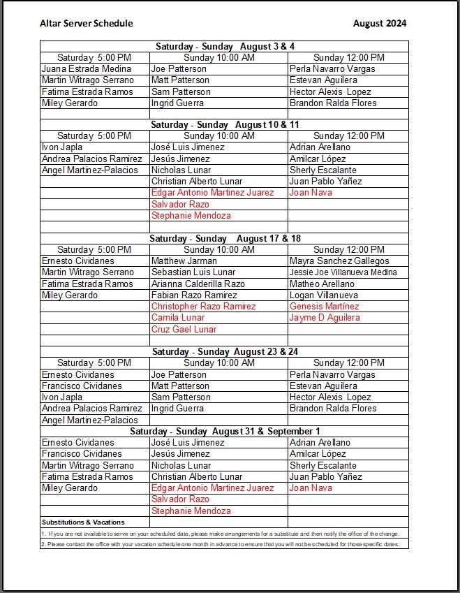 Altar Server Schedule