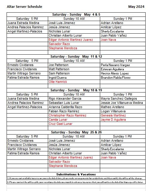 Altar Server Schedule
