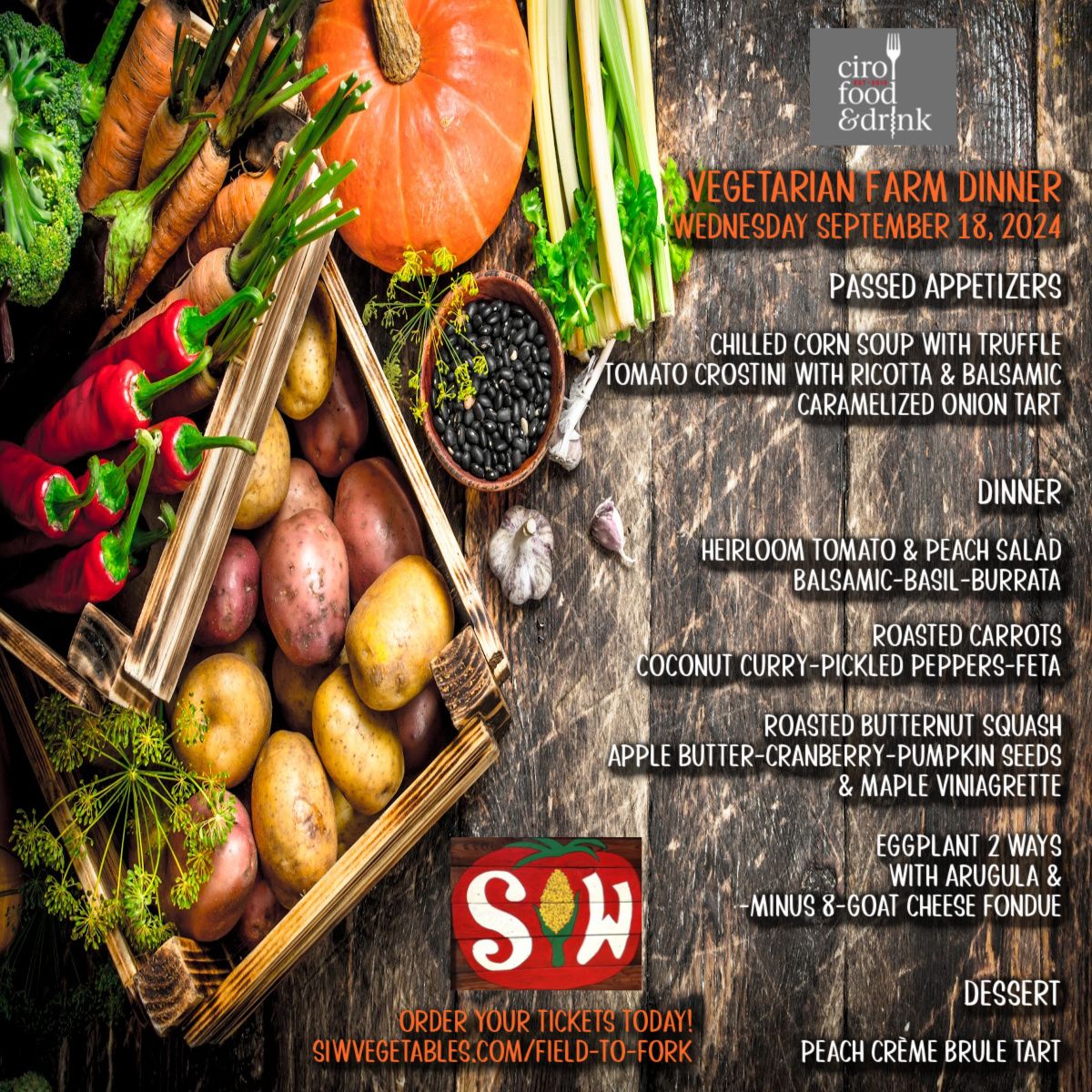 Vegetarian Farm Dinner for Wednesday, September 18th