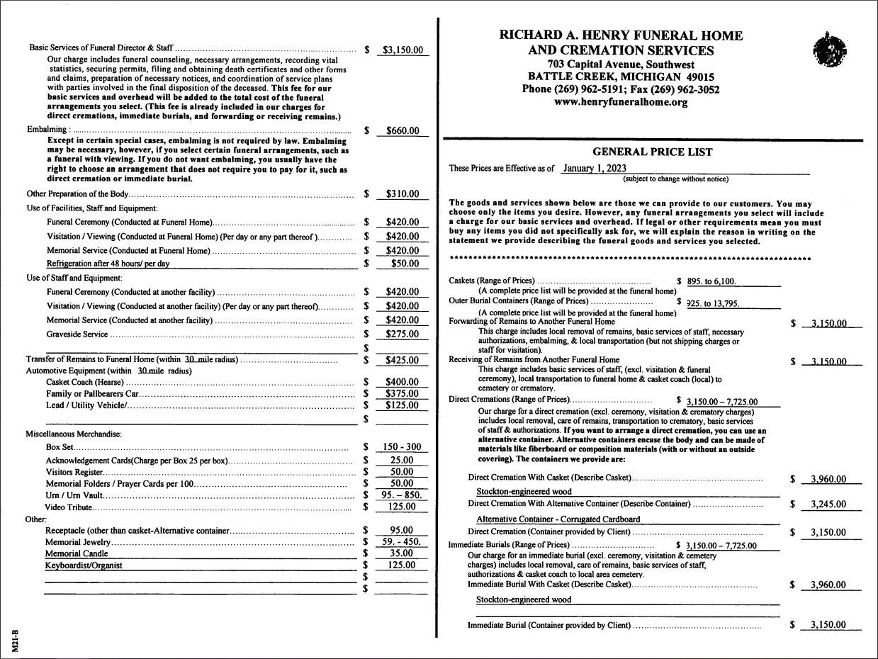 General Price List | Richard A Henry Funeral Home