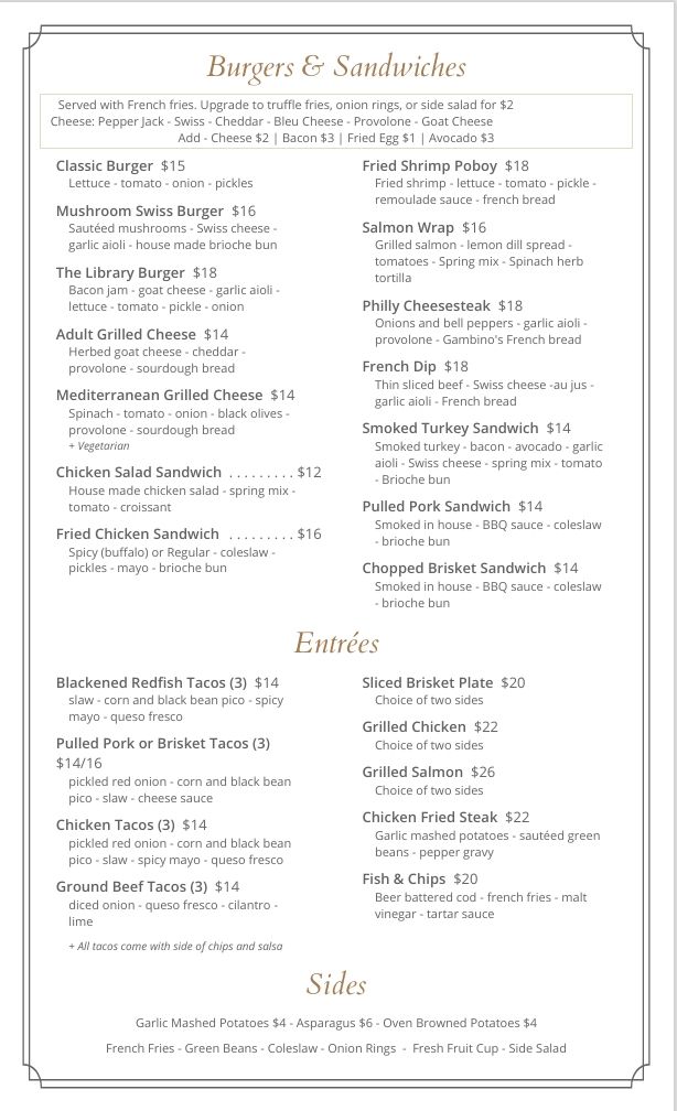 Lunch Menu | The Library on Fern | Shreveport, LA
