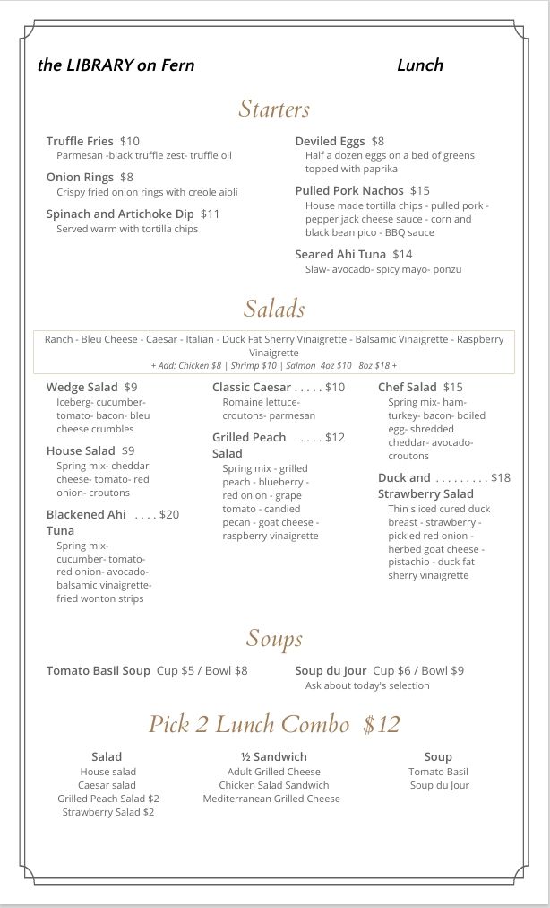 Lunch Menu | The Library on Fern | Shreveport, LA