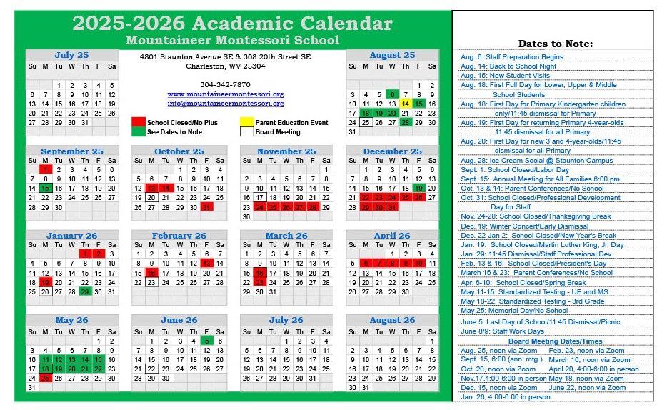Calendar | Mountaineer Montessori School | Charleston, WV