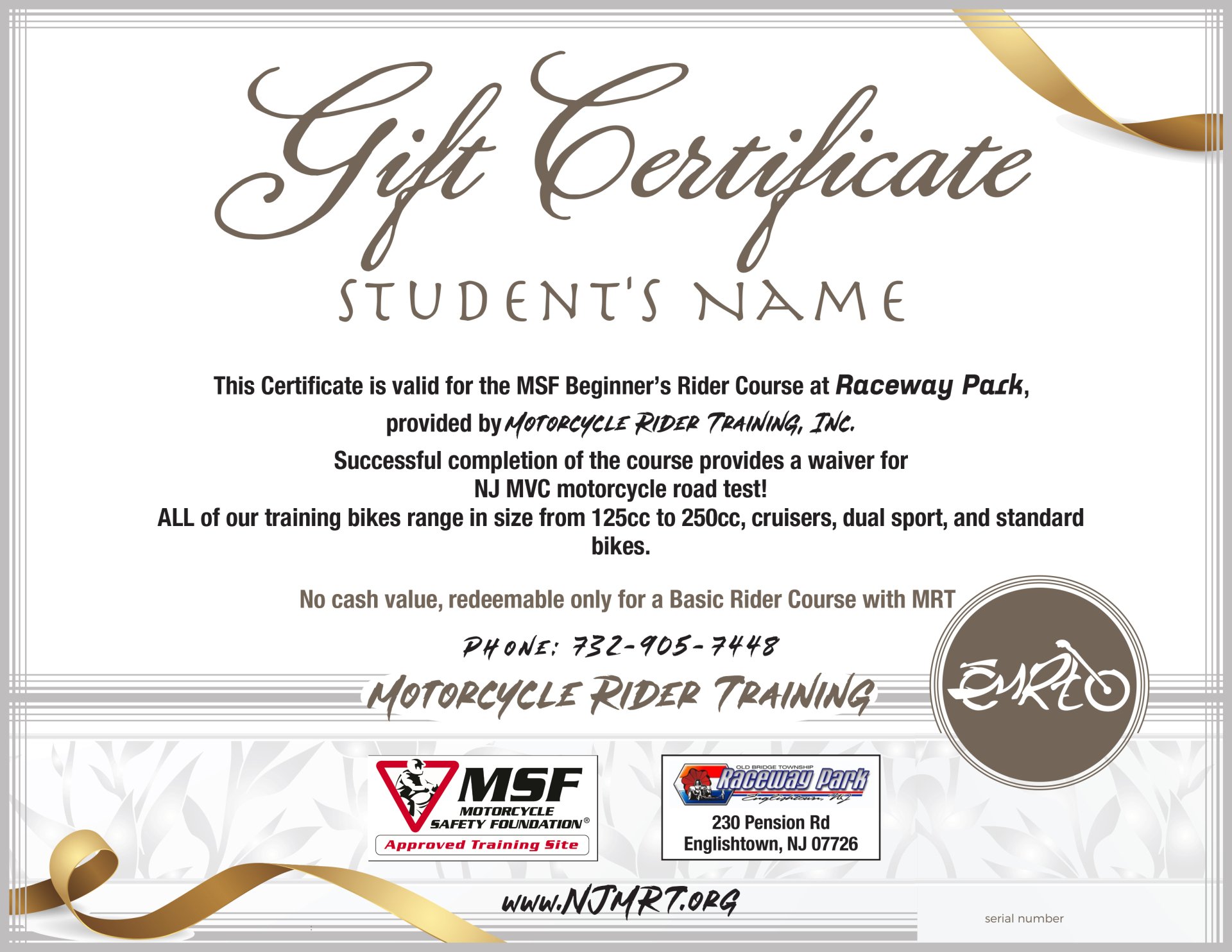 Motorcycle Rider Course Gift Cards | Englishtown, NJ | MRT