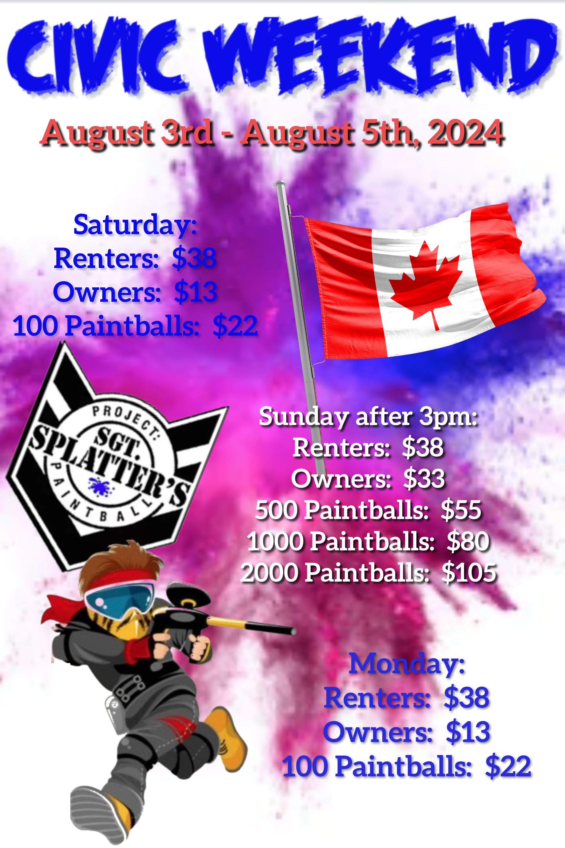 Civic Holiday Specials | Sgt. Splatter's Project Paintball