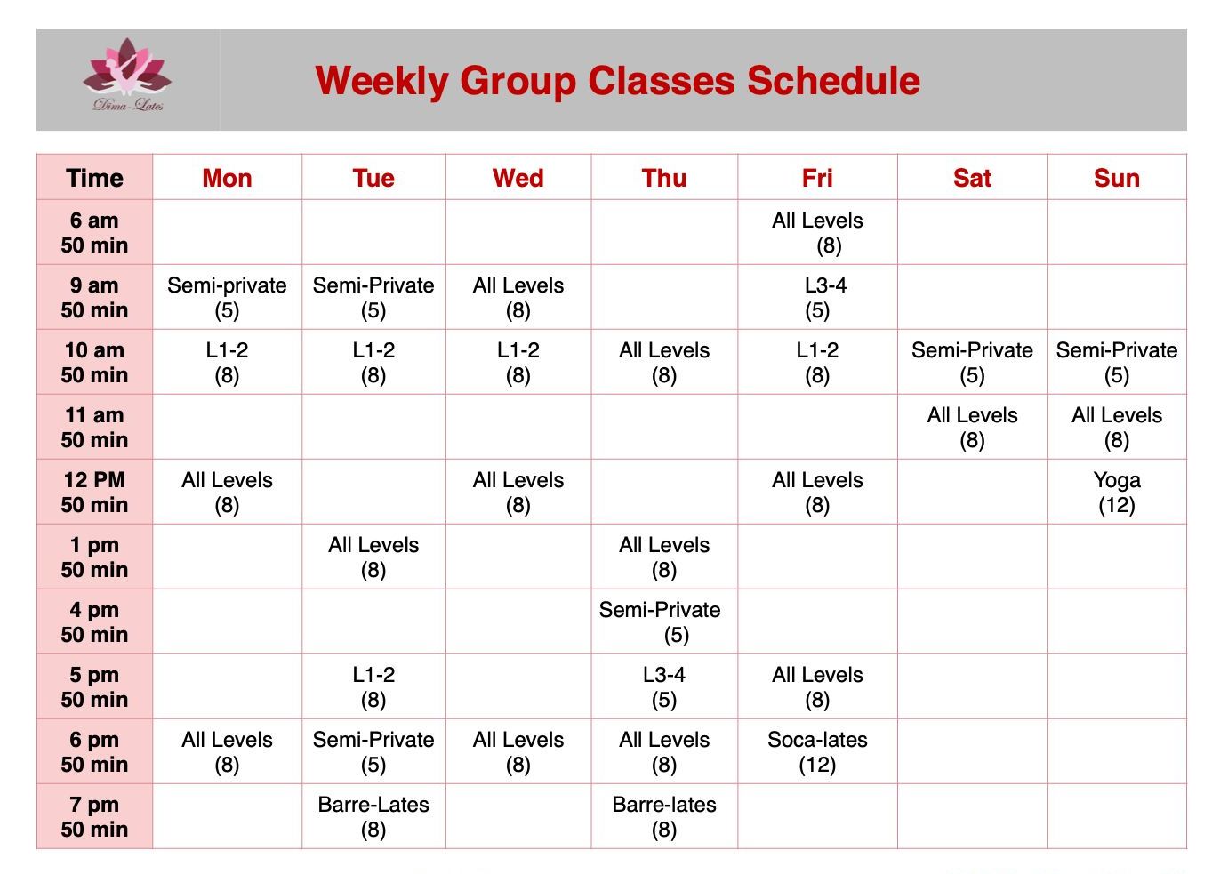 Pilates Class Schedule | Dima-Lates Ajax
