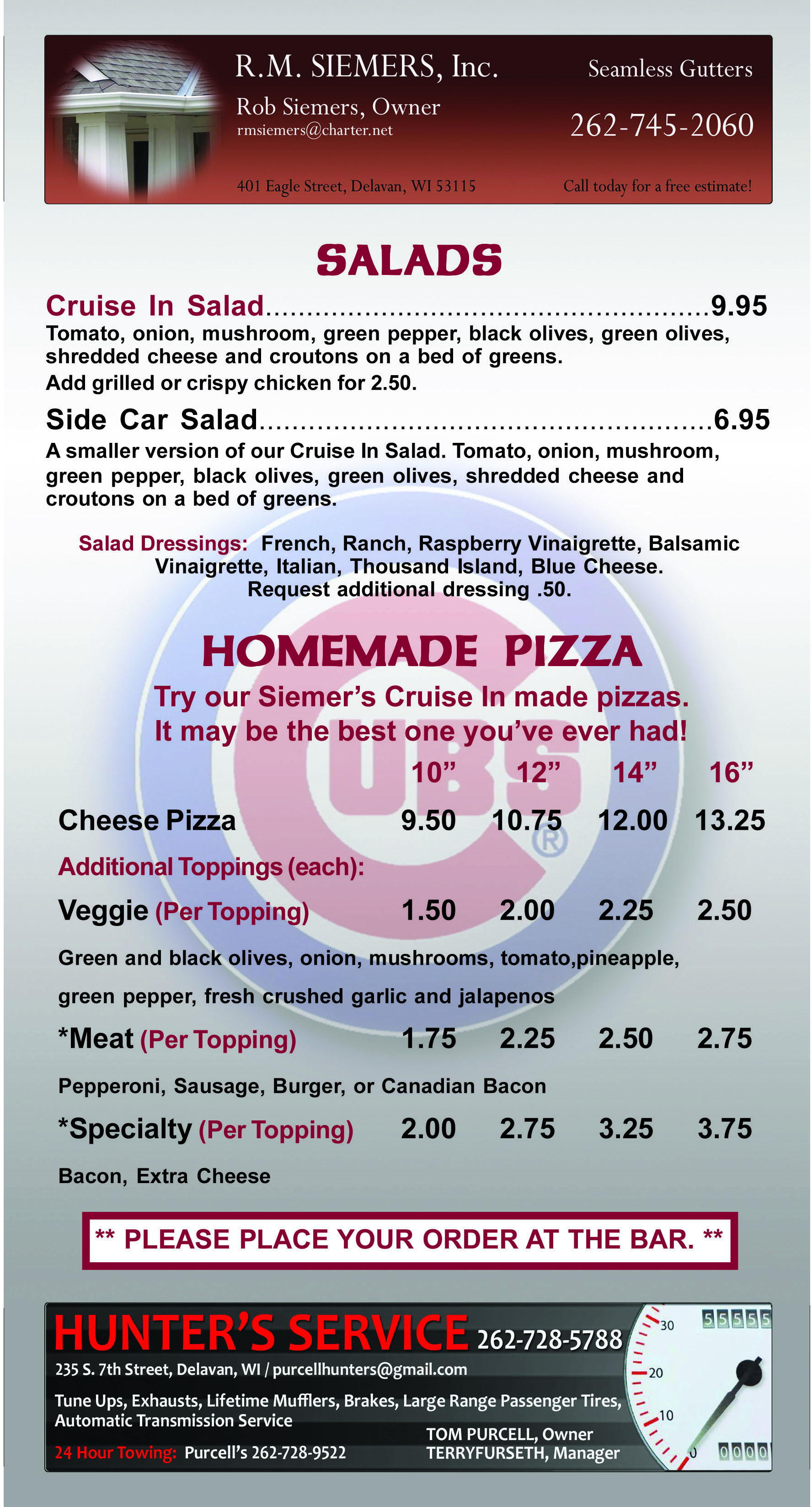 Our Menu | Walworth, WI | Siemers Cruise-In Bar & Grill