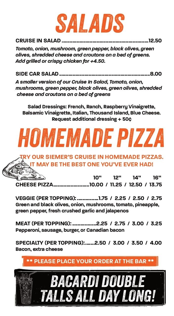 Our Menu | Walworth, WI | Siemers Cruise-In Bar & Grill