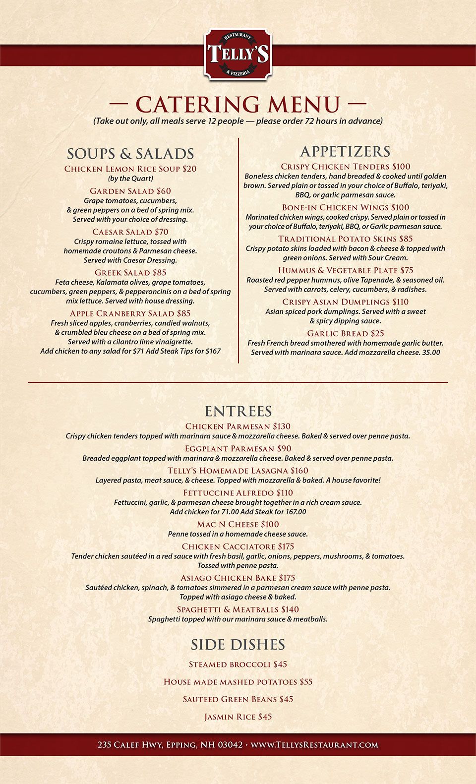 Catering Menu | Exeter, NH | Telly's Restaurant & Pizzeria
