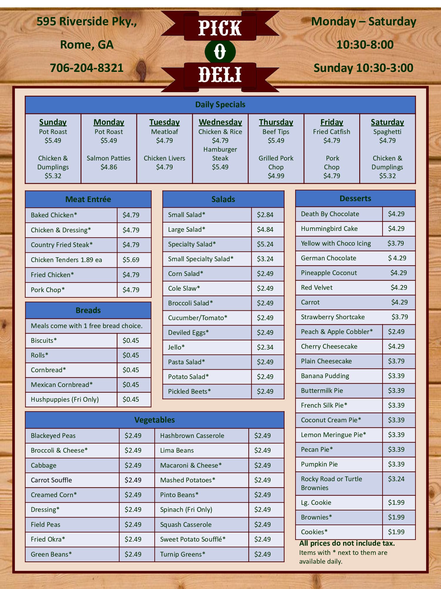 MENU | Pick-O-Deli Cafeteria | Rome GA