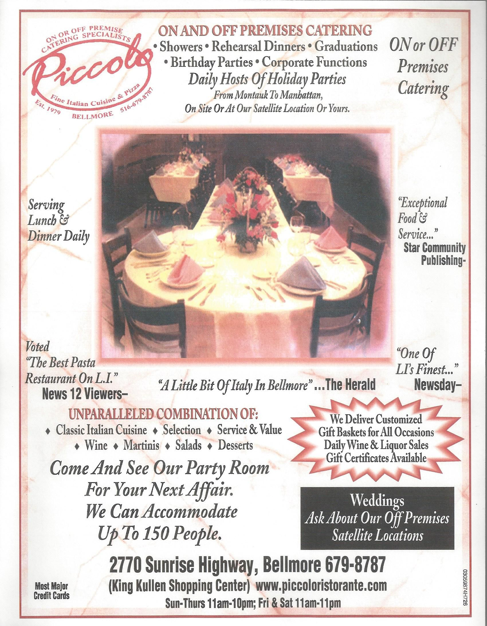 Piccolo Ristorante | Merrick & Bellmore, NY | Italian Restaurant