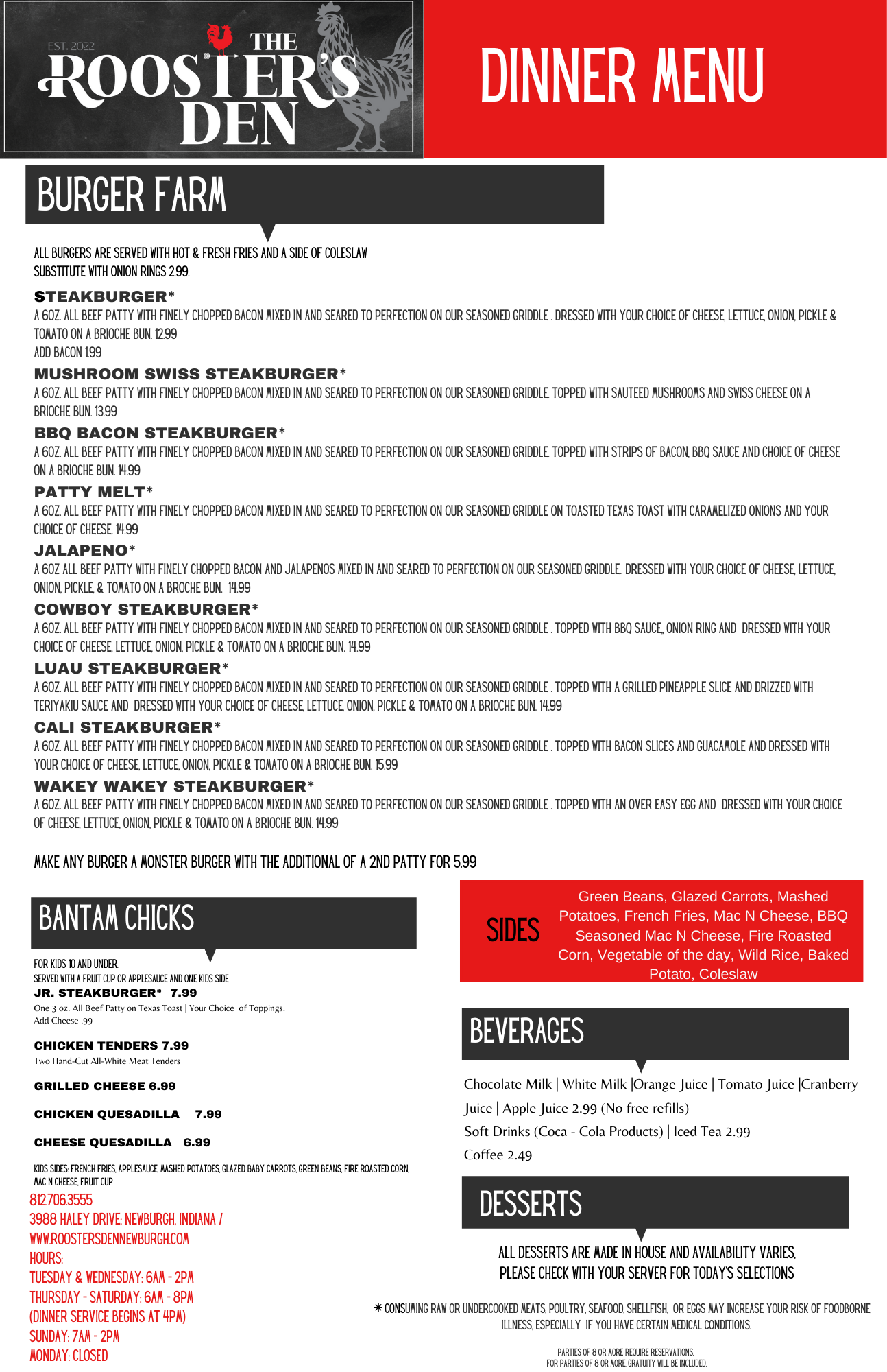 Our Menus | Newburgh, IN | The Rooster’s Den