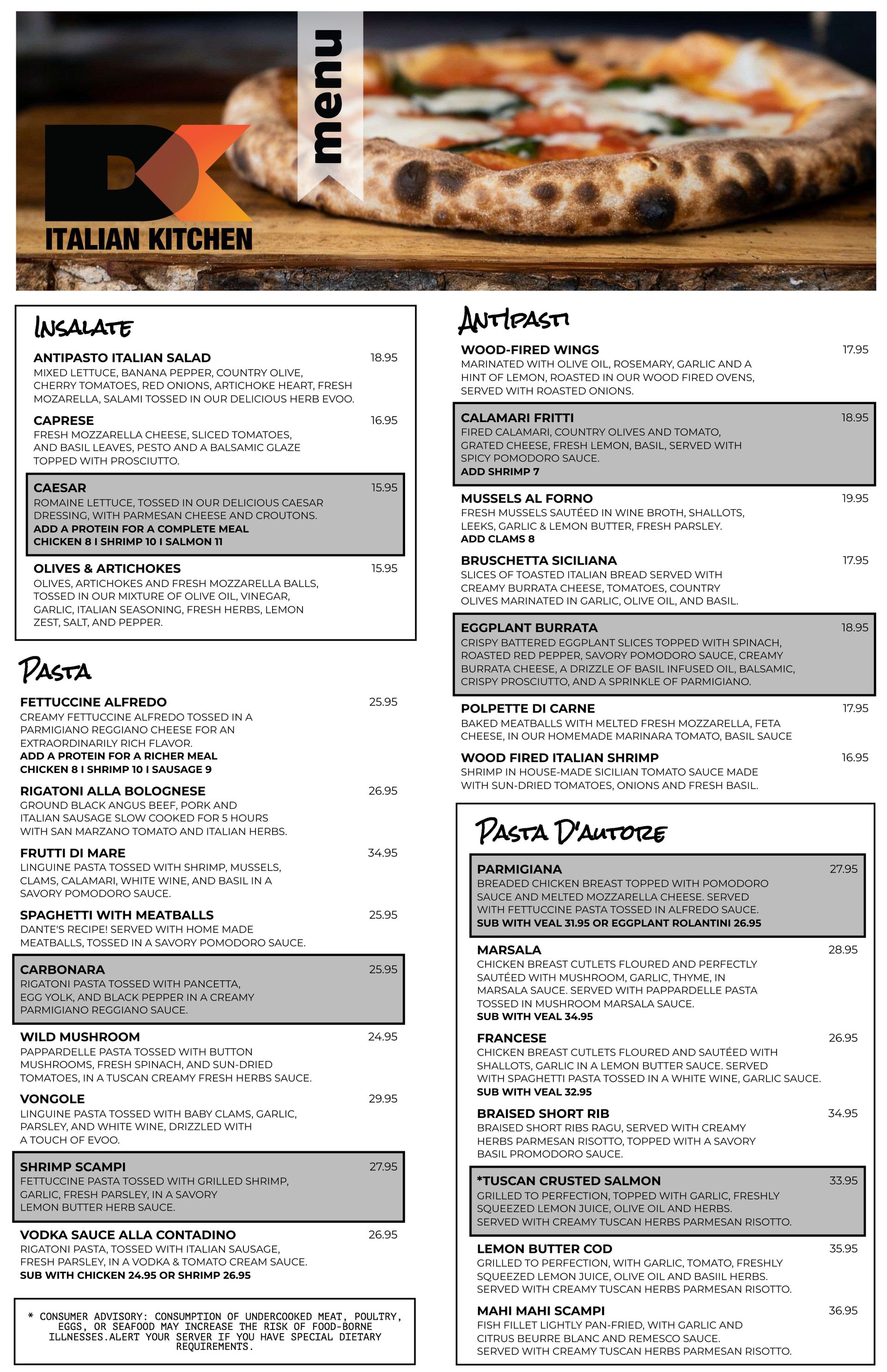 Dinner Menu | Dante's Italian Kitchen | Sanibel