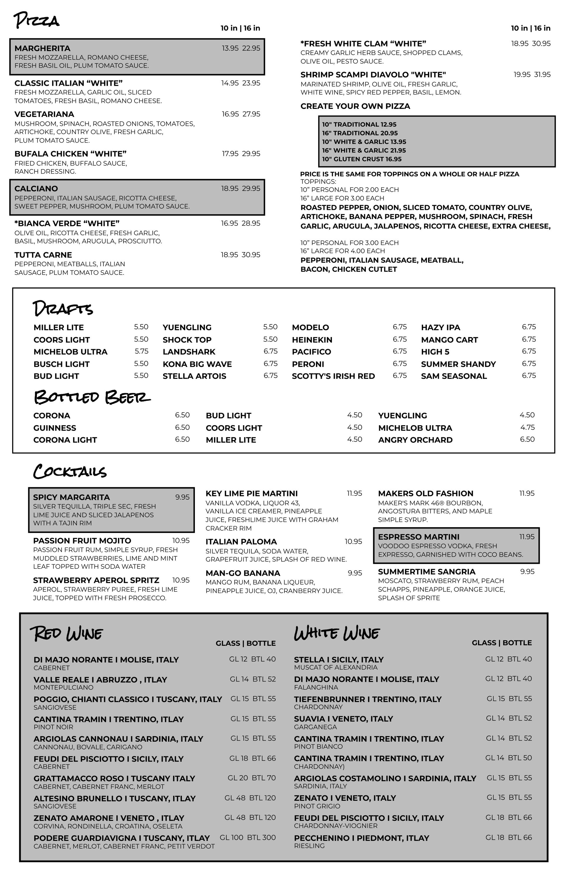 Dinner Menu | Dante's Italian Kitchen | Sanibel