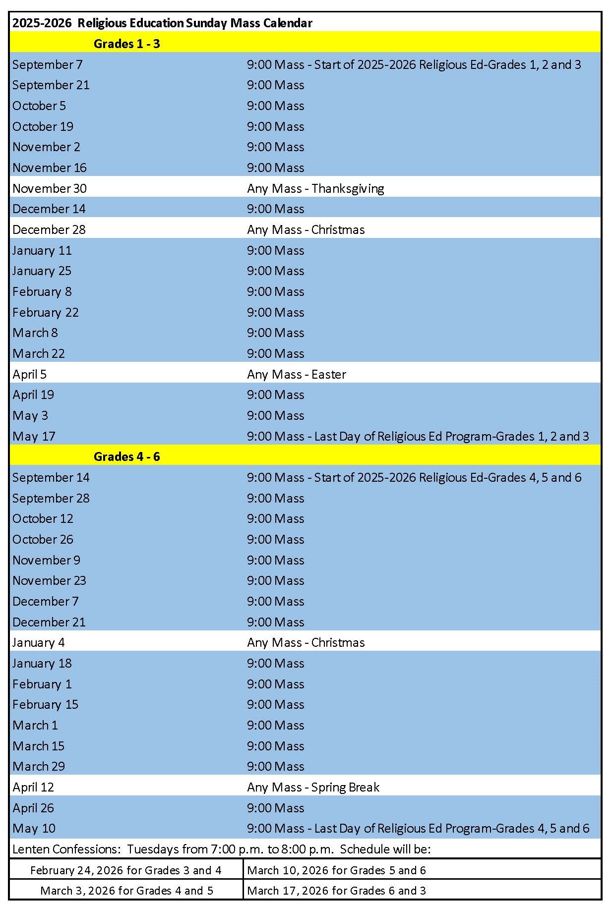 2024-2025 Religious Education Calendar