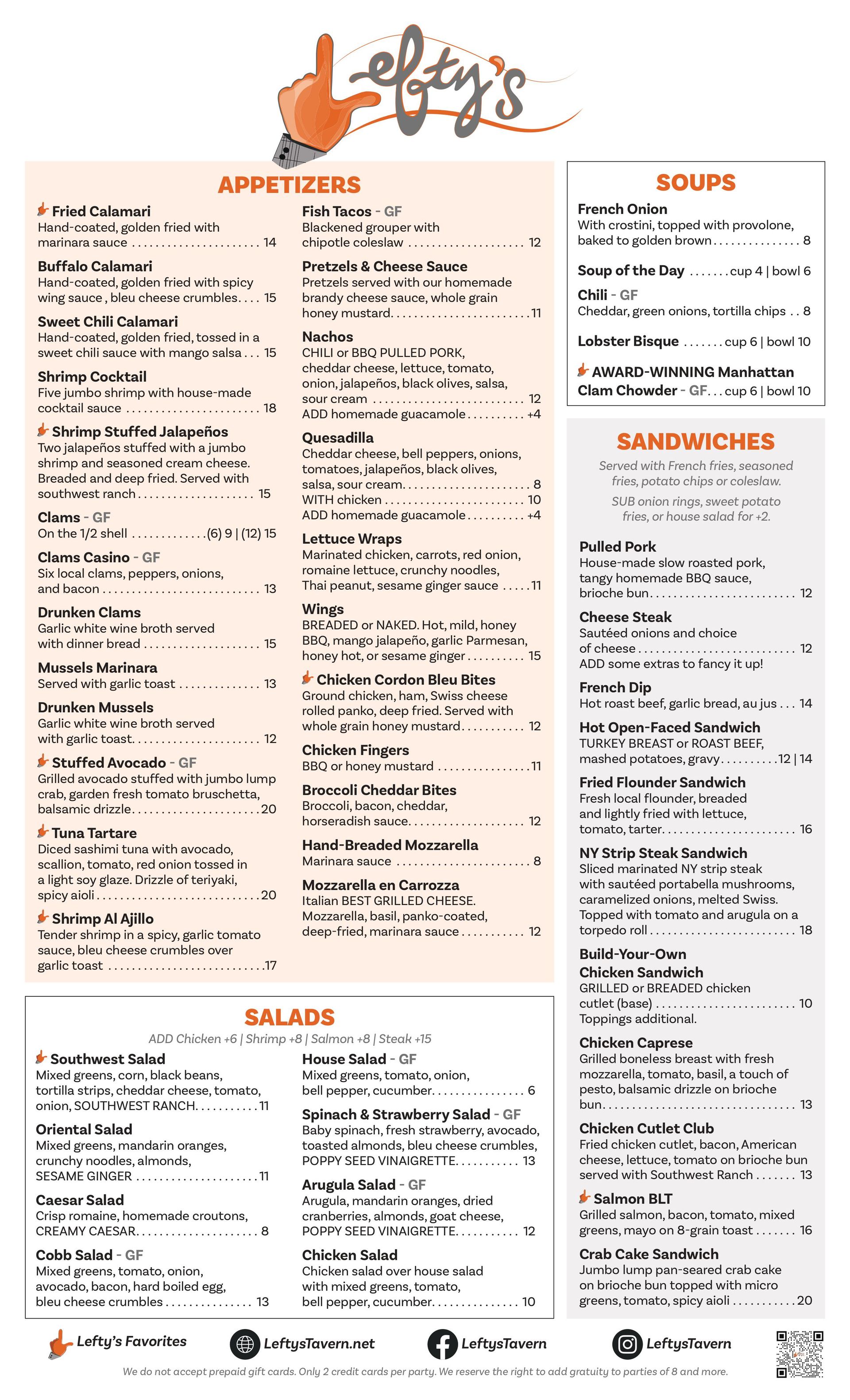 Our Menu's | Barnegat & Manahawkin, NJ | Lefty's Tavern