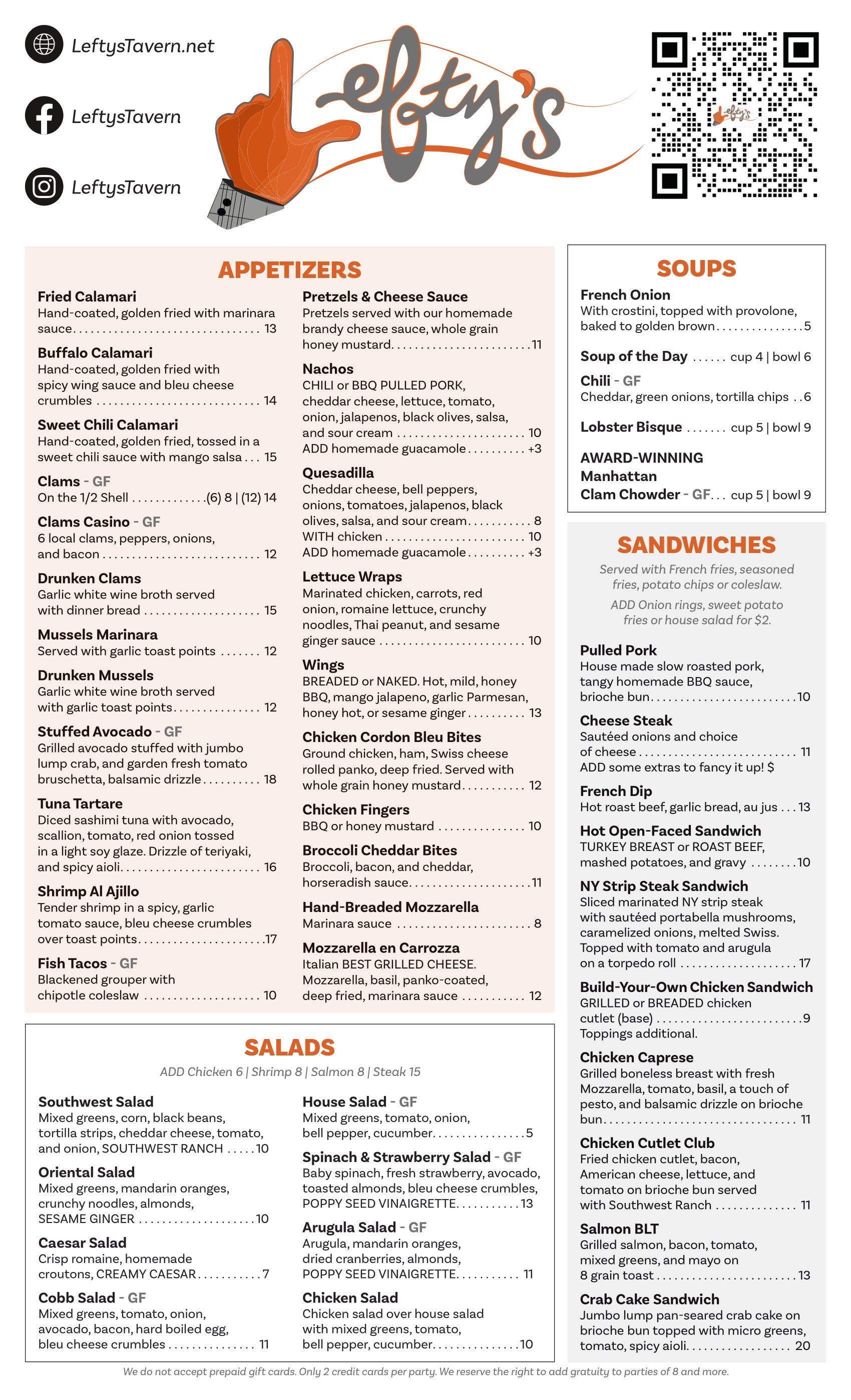 Our Menu's | Barnegat & Manahawkin, NJ | Lefty's Tavern