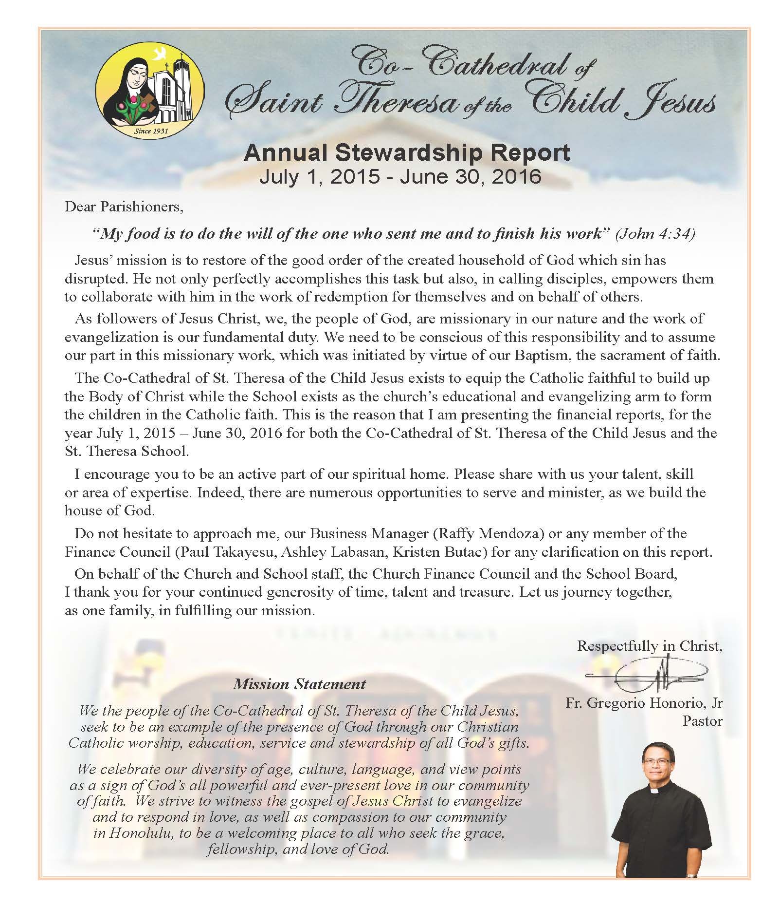 Co-Cathedral of St Theresa of the Child Jesus: Annual Stewardship Report