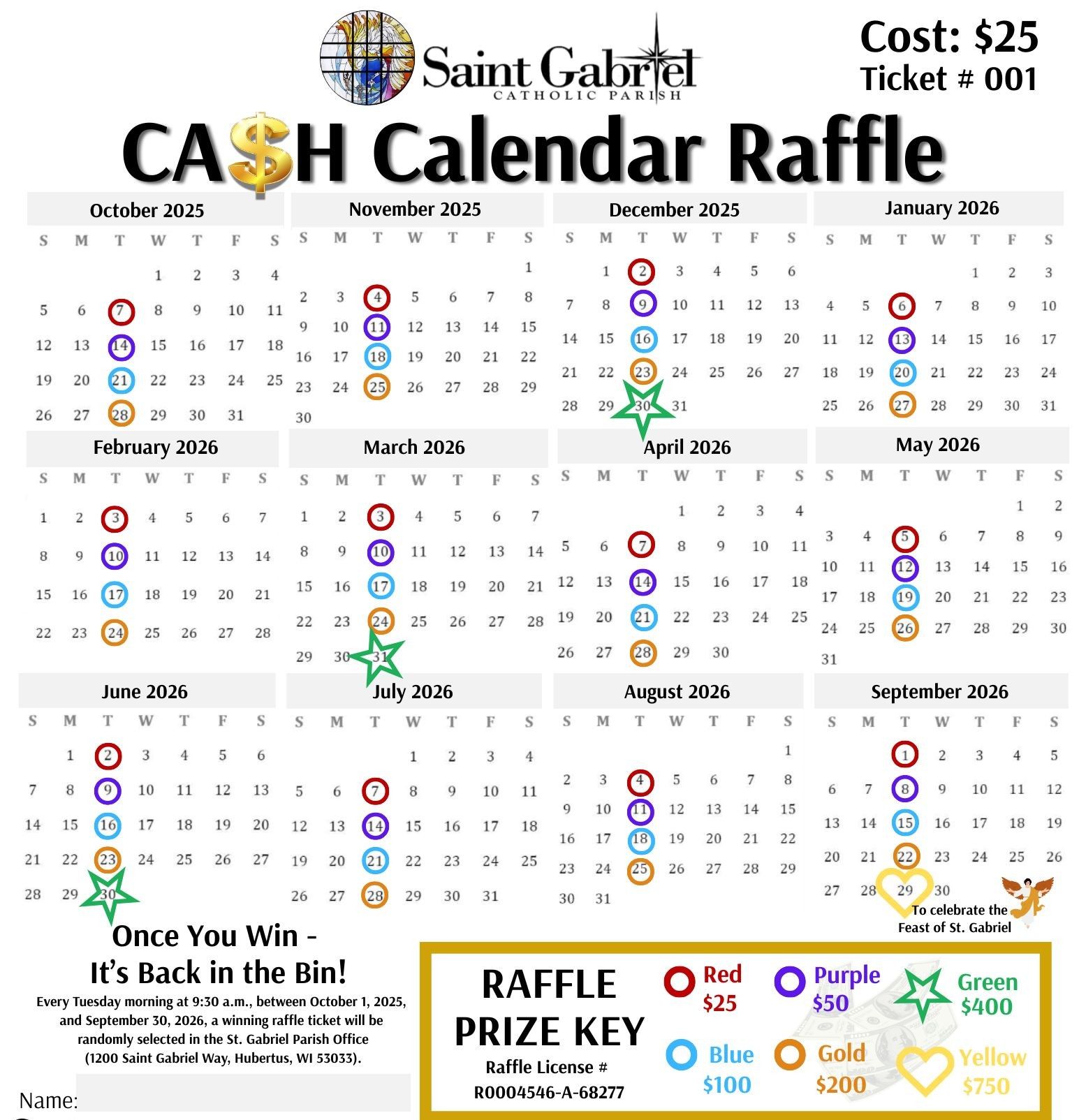 Cash Calendar Raffle | St. Gabriel Catholic Parish | Hubertus, WI
